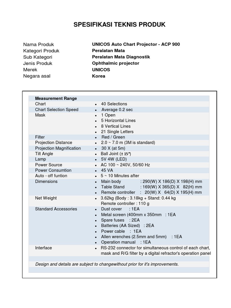 Spesifikasi UNICOS Auto Chart Projector - ACP 900 | PDF