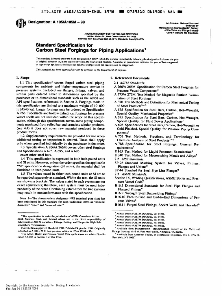 Astm A105 98 | PDF