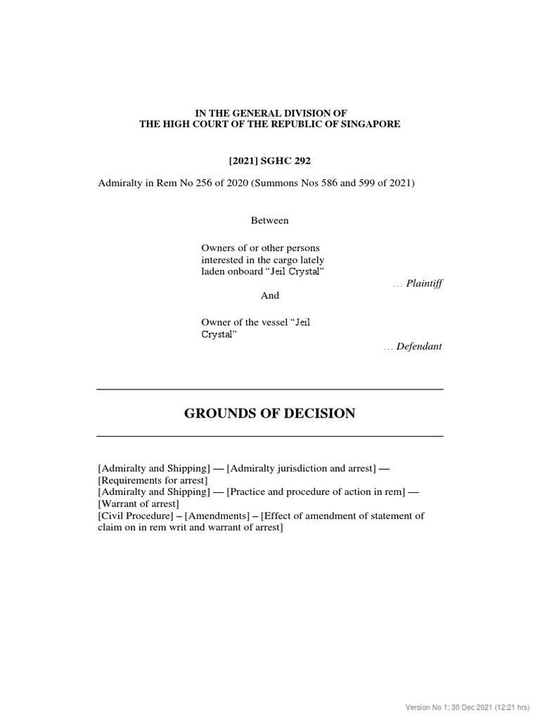(2021) SGHC 292 | PDF | Cause Of Action | In Rem Jurisdiction