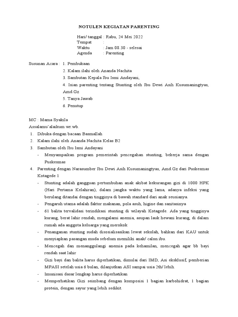 Notulen Kegiatan Parenting | PDF