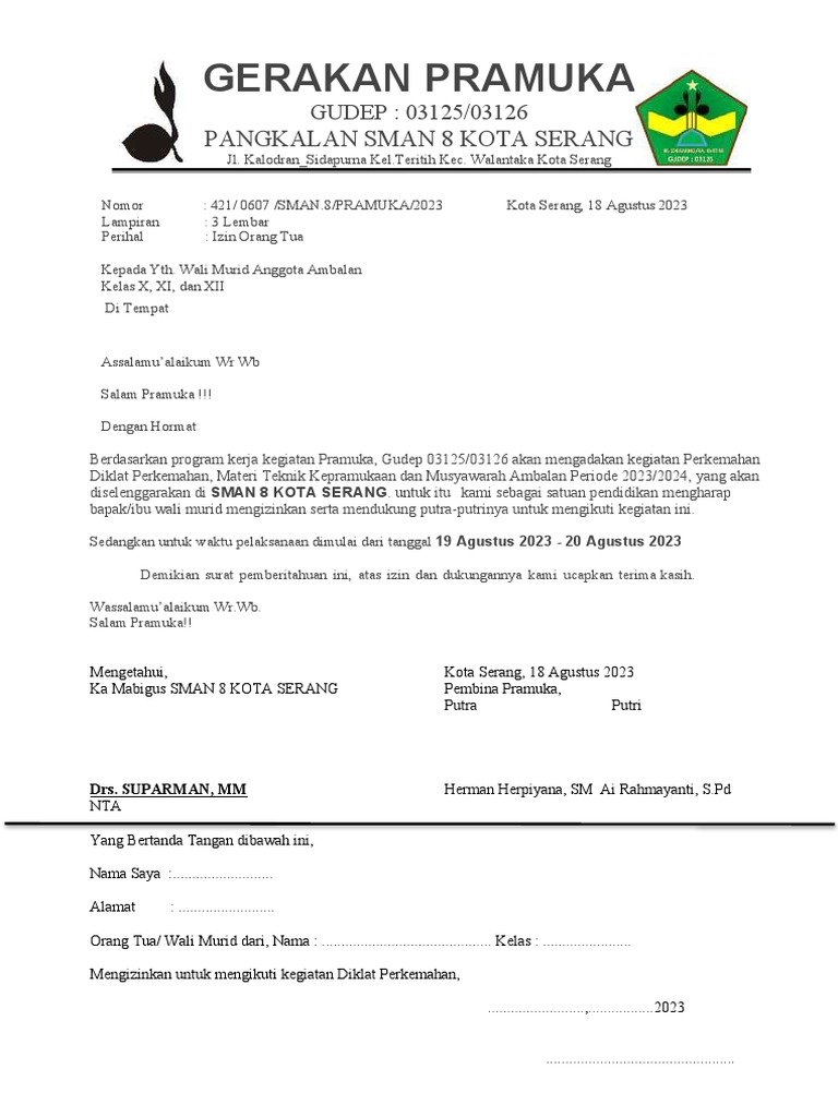 Surat Izin Kegiatan Pramuka 2023 | PDF