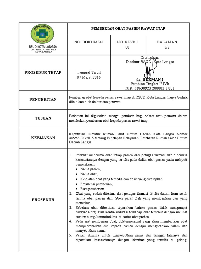 SOP Pemberian Obat Di Rawat Inap | PDF