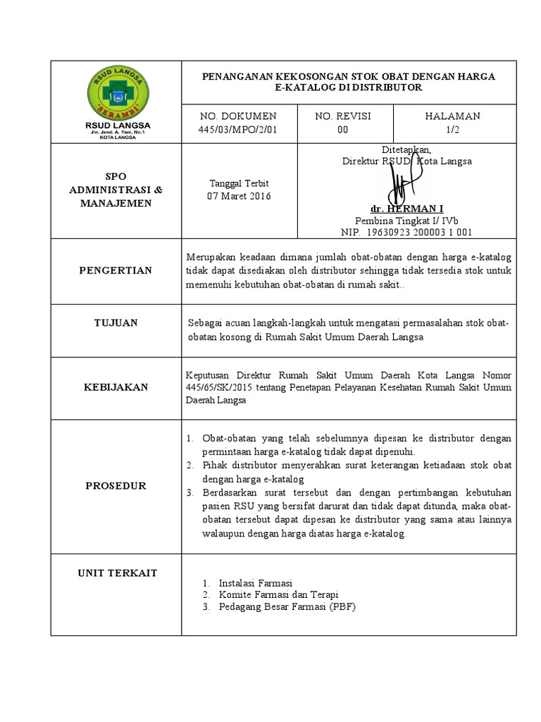 Sop Kekosongan Stok Obat Harga E Katalog Pdf