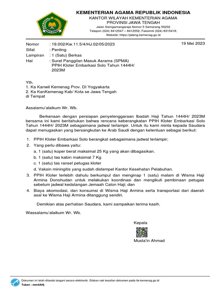 SPMA PPIH Kloter Embarkasi Solo Th. 2023 | PDF