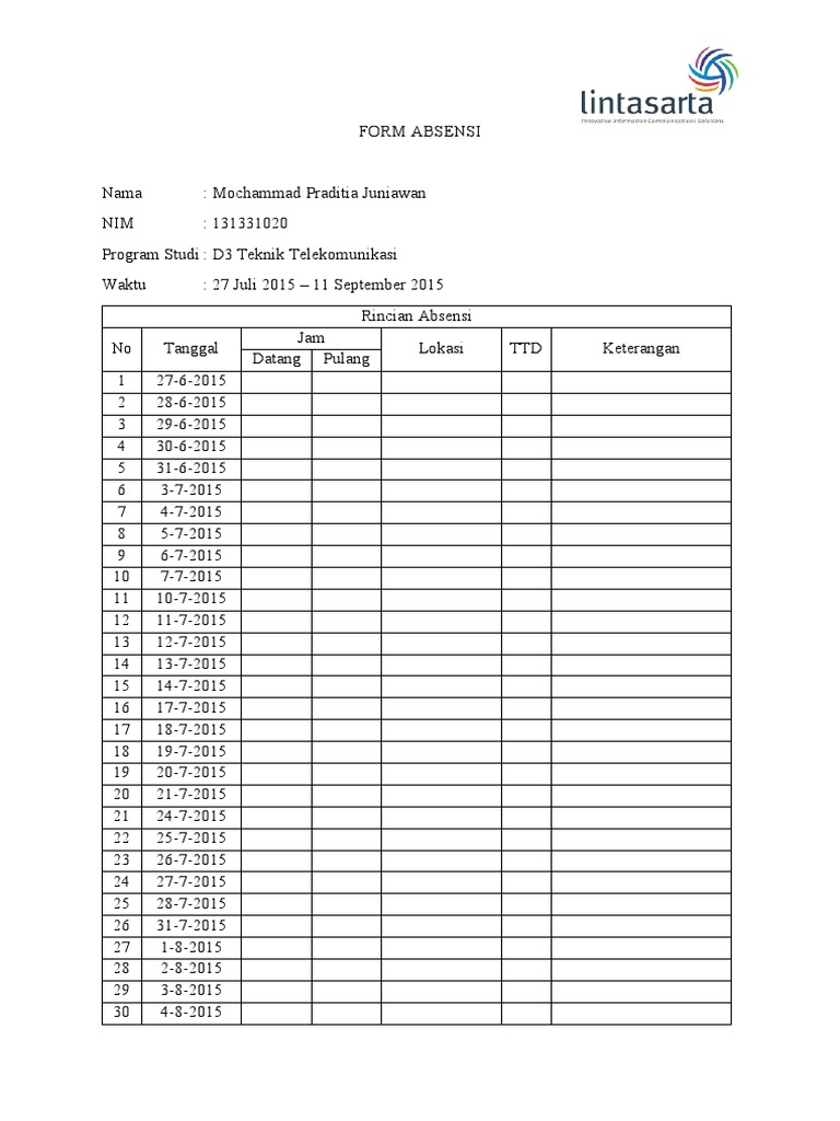 Dokumen - Tips Form Absensi KP | PDF