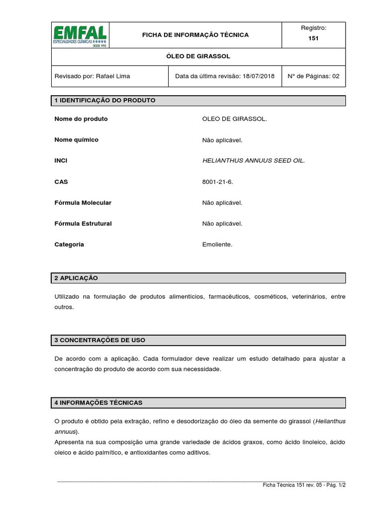 Ficha Tecnica 151 Oleo De Girassol Rev 05 Pdf Química Substancias