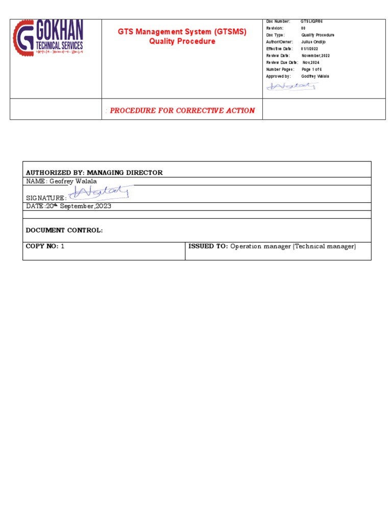 GTSMS Corrective Action Procedure | PDF