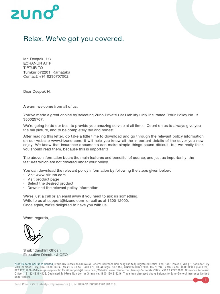 Zuno Car Liability Insurance Policy | PDF