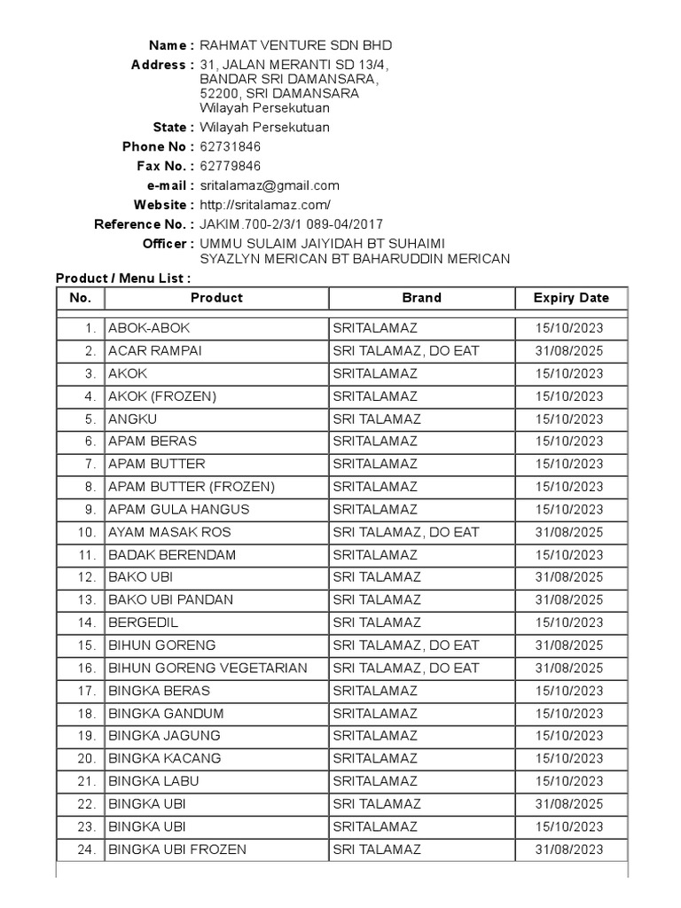 Sri Talamaz Halal Snack Menu | PDF