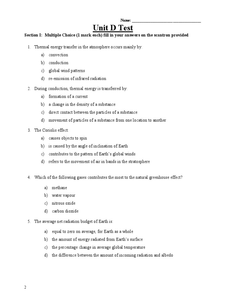 Atmospheric Energy Transfer Test | PDF | Science & Mathematics
