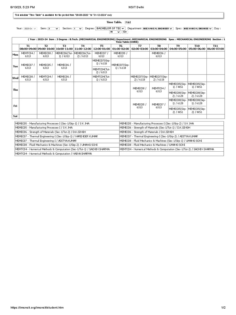 Section 1 Time Table PDF