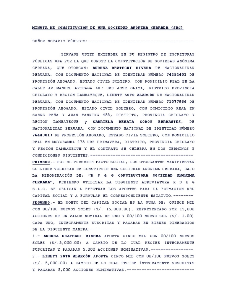 Minuta de Constitución de Una Sociedad Anónima Cerrada | PDF