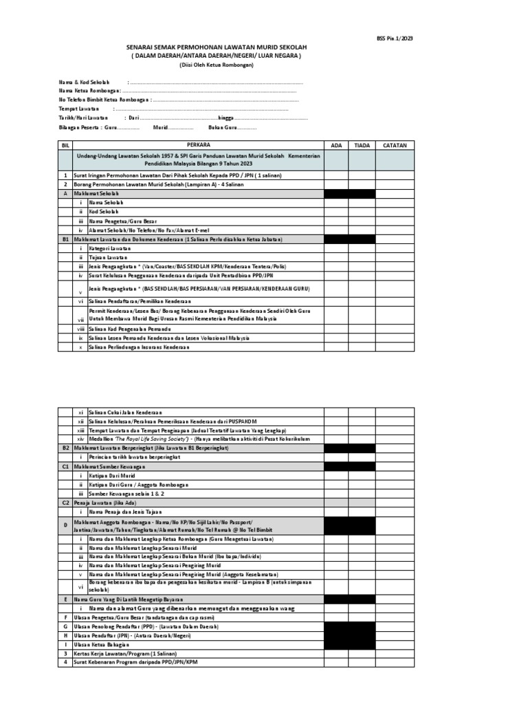 Senarai Semak Lawatan Murid Sekolah | PDF