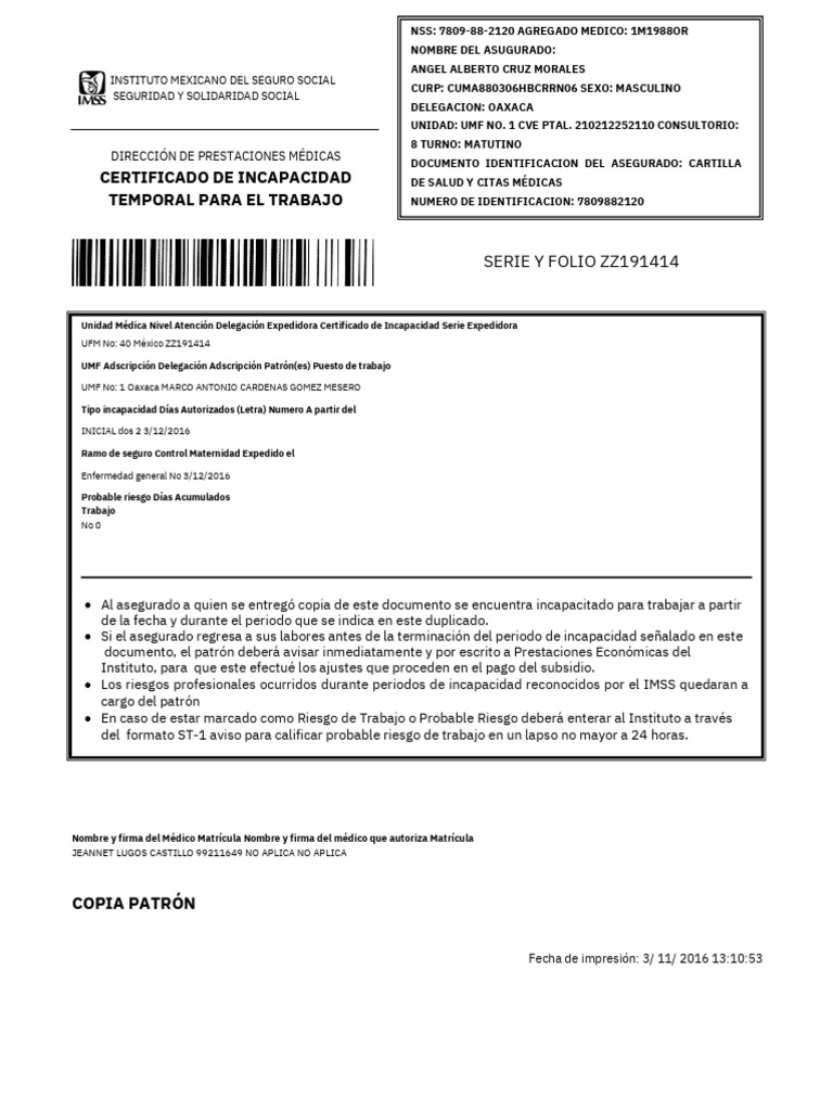 Formato Incapacidad Imss PDF | PDF