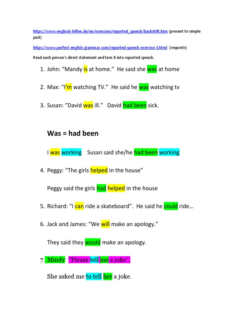 Reported Speech Exercises with Answers | PDF