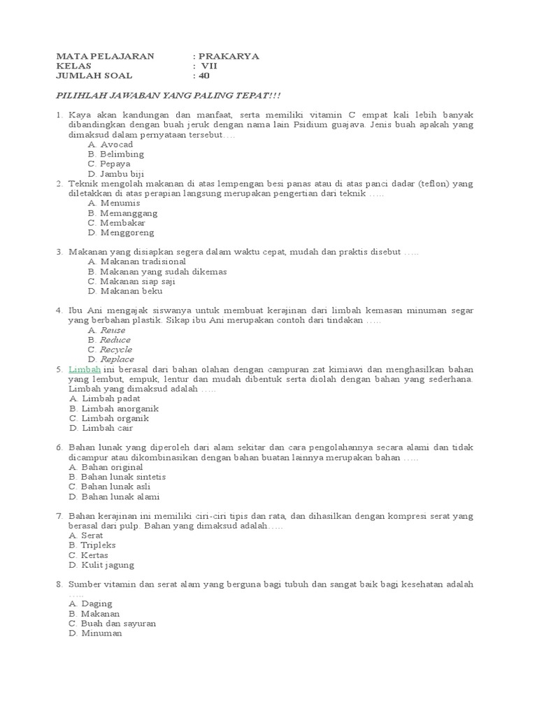 Soal Prakarya Kelas Vii Sem 2 | PDF | Griya & Taman | Teknologi & Rekayasa