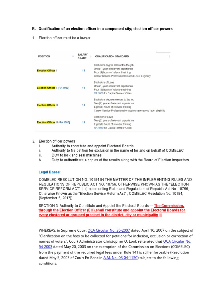 Election Officer Qualifications and Powers | PDF
