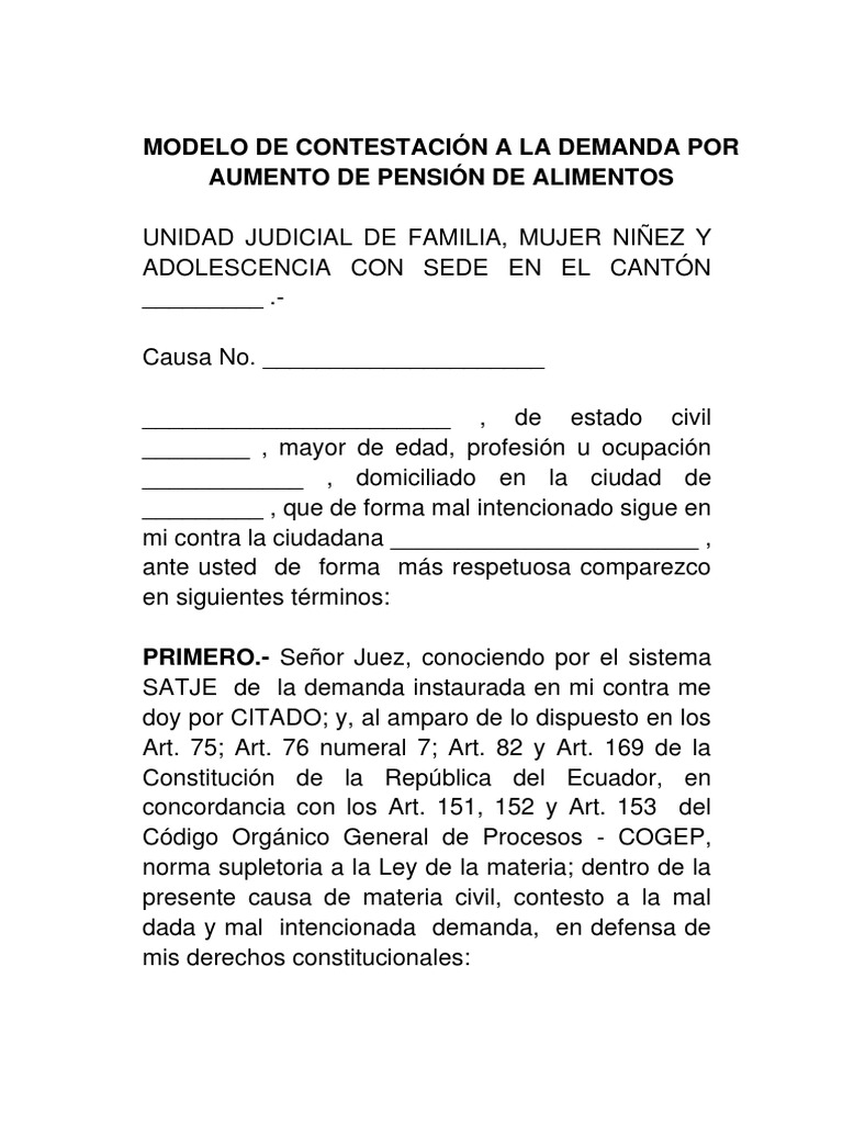Contestación a Demanda de Aumento de Alimentos | PDF | Demanda judicial ...