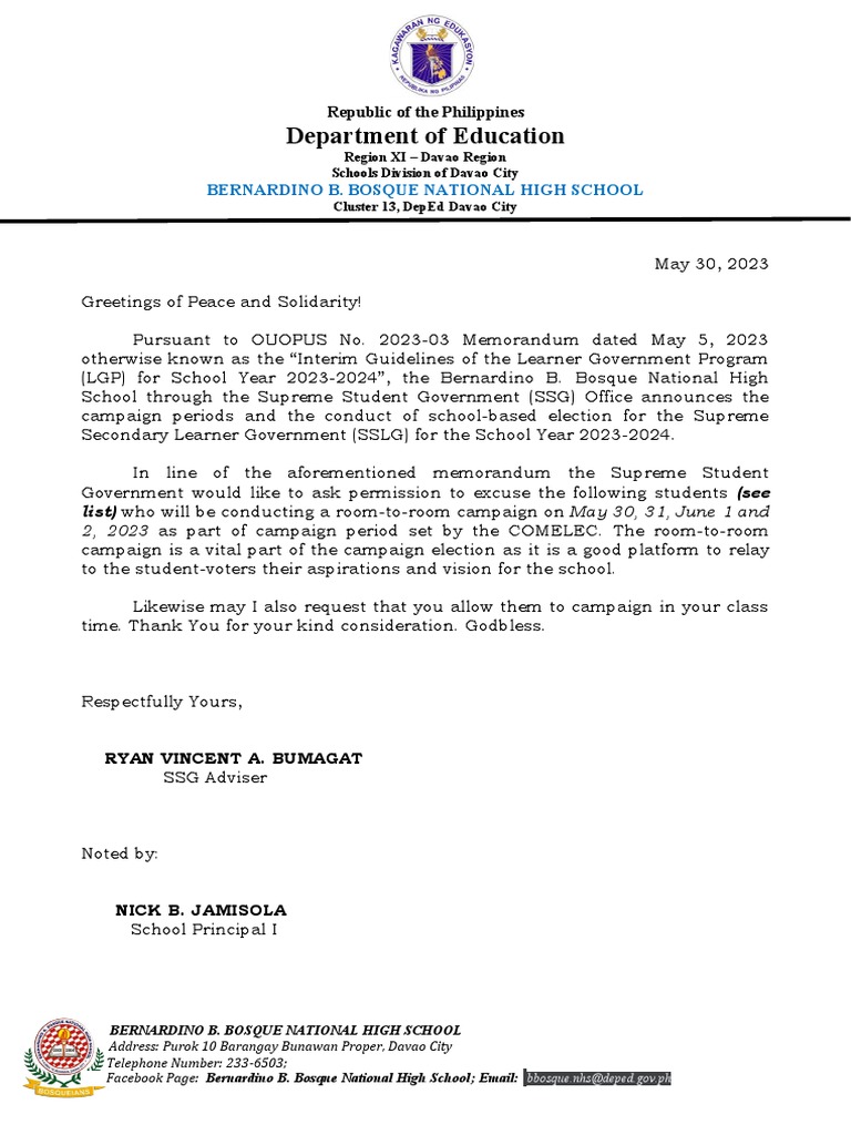 SSG Excuse Letter For Campaign | PDF