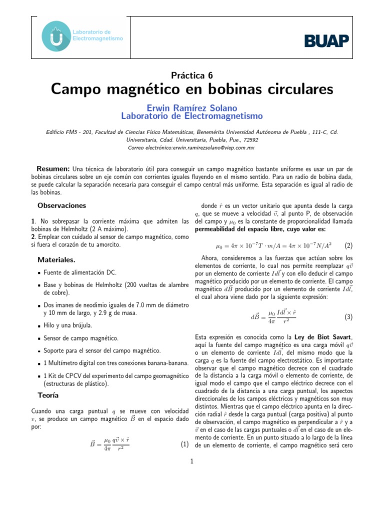 Lab Electromagnetismo Practica 6 Campo Magn Tico Bobinas Circulares | PDF | Campo magnético ...