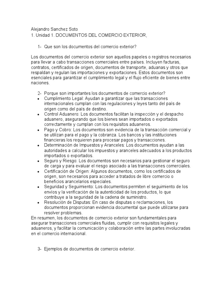 Unidad 1. DOCUMENTOS DEL COMERCIO EXTERIOR Alex | PDF