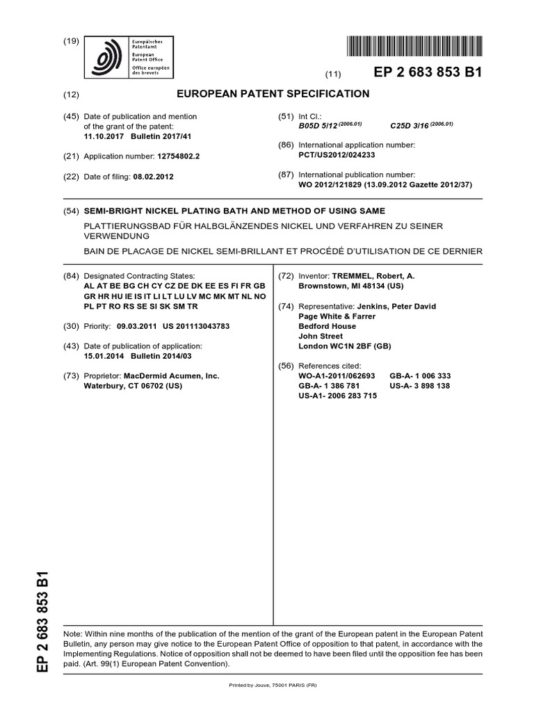 Semi Bright Nickel Bath - Patent | PDF | Acid | Salt (Chemistry)