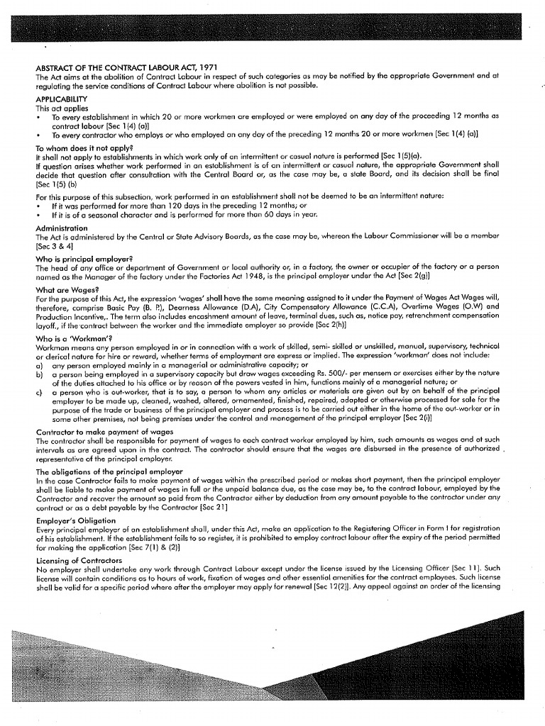 E4 Abstract of The Contract Labour Act 1971 | PDF