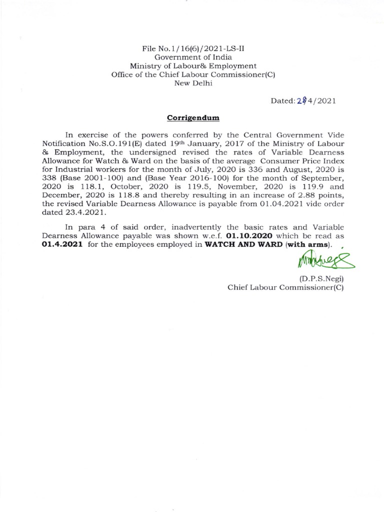 Revised VDA (Minimum Wages) Effective From 1st April 2021 With ...