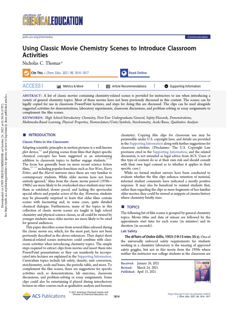 Using Classic Movie Chemistry Scenes to Introduce Classroom Activities ...