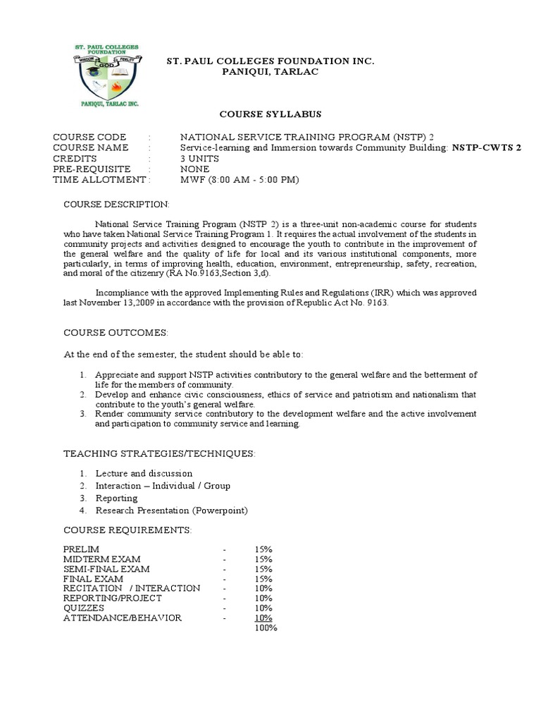 NSTP 2 Syllabus Secon Sem | PDF | Service Learning | Needs Assessment