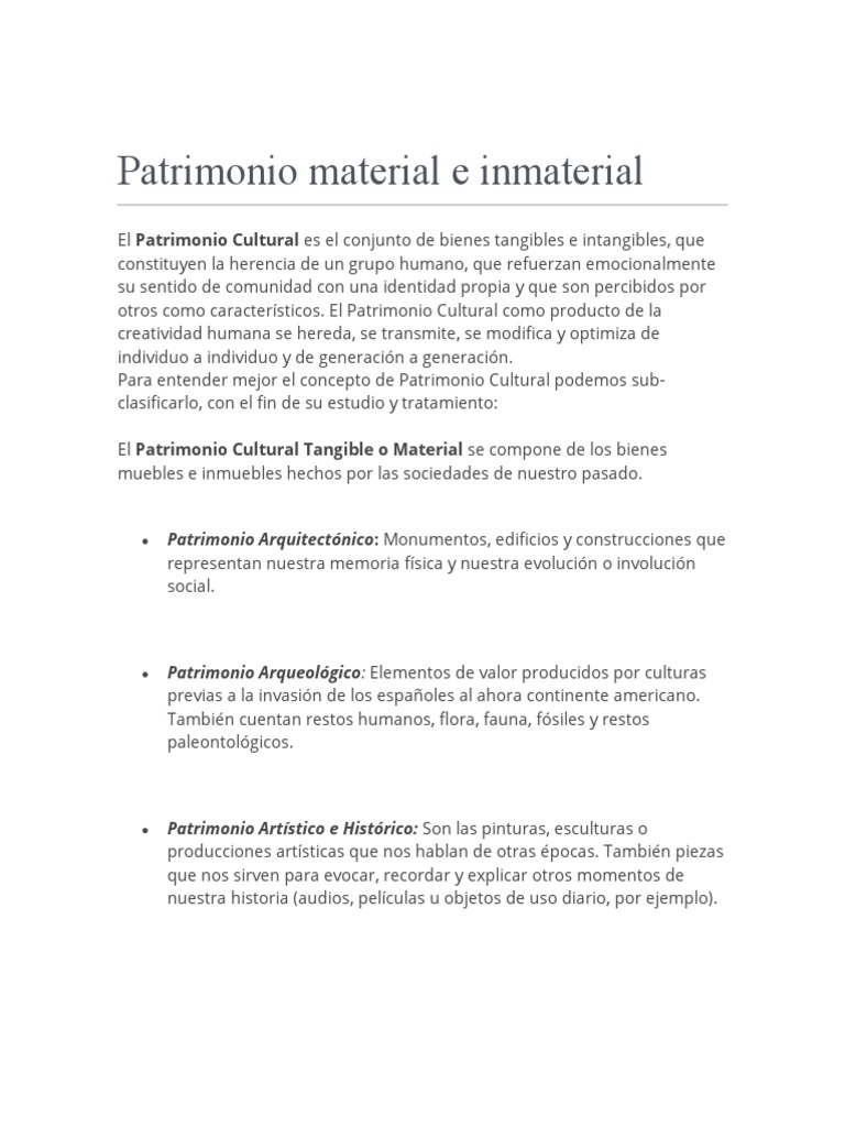 Tipos de Patrimonio Cultural: Material e Inmaterial | PDF | Ciencias ...