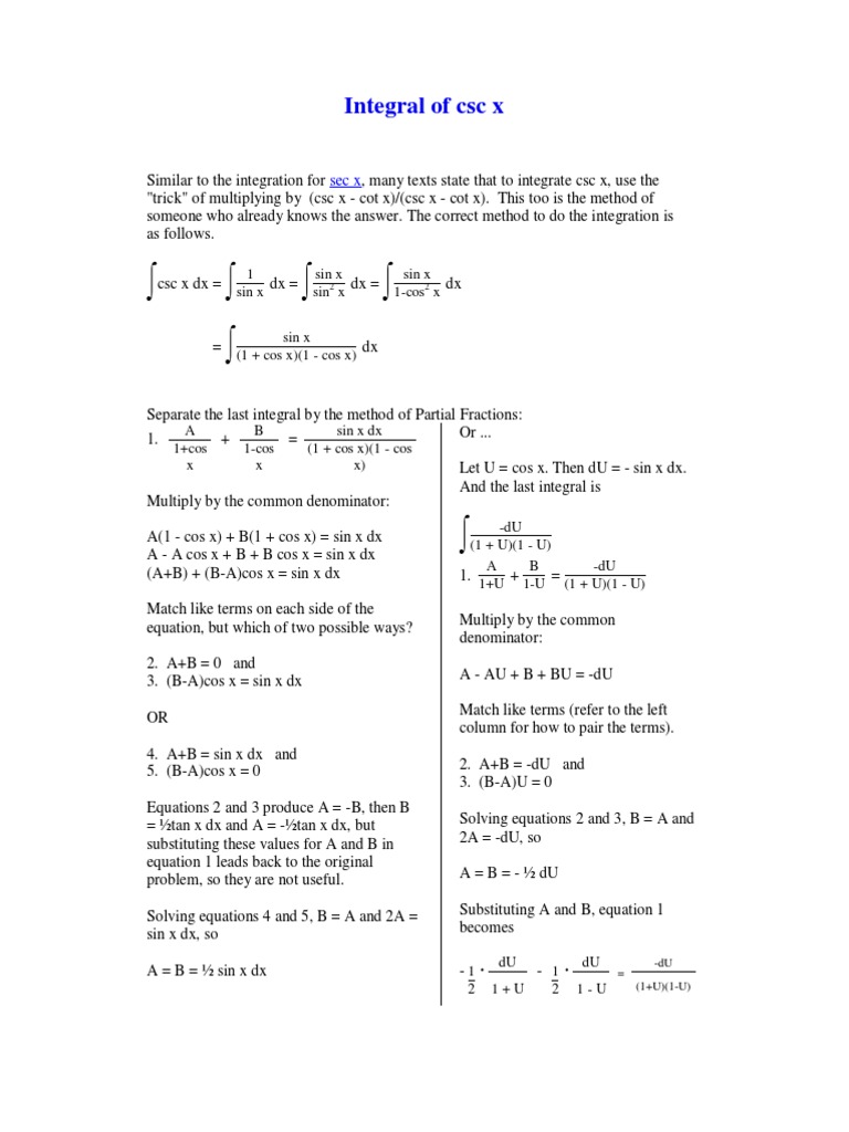 Calculus: Integrating csc x | PDF