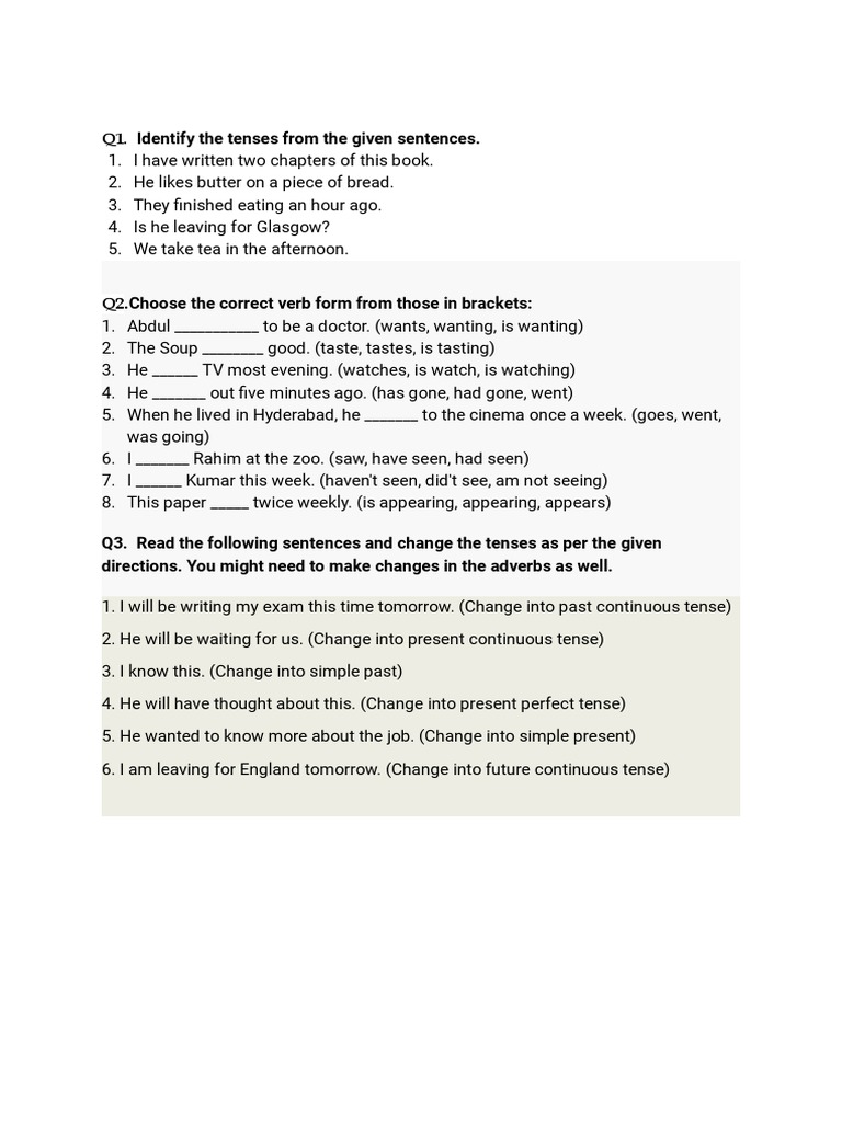 Q1. Identify The Tenses From The Given Sentences | PDF