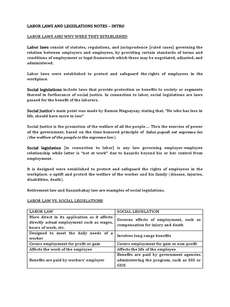 Labor Laws and Legislations - Note Intro | PDF | Employment | Labour Law