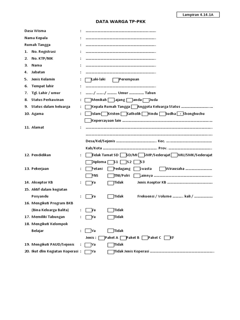 Contoh Pengisian Data Warga TP-PKK | PDF | Olahraga & Rekreasi ...