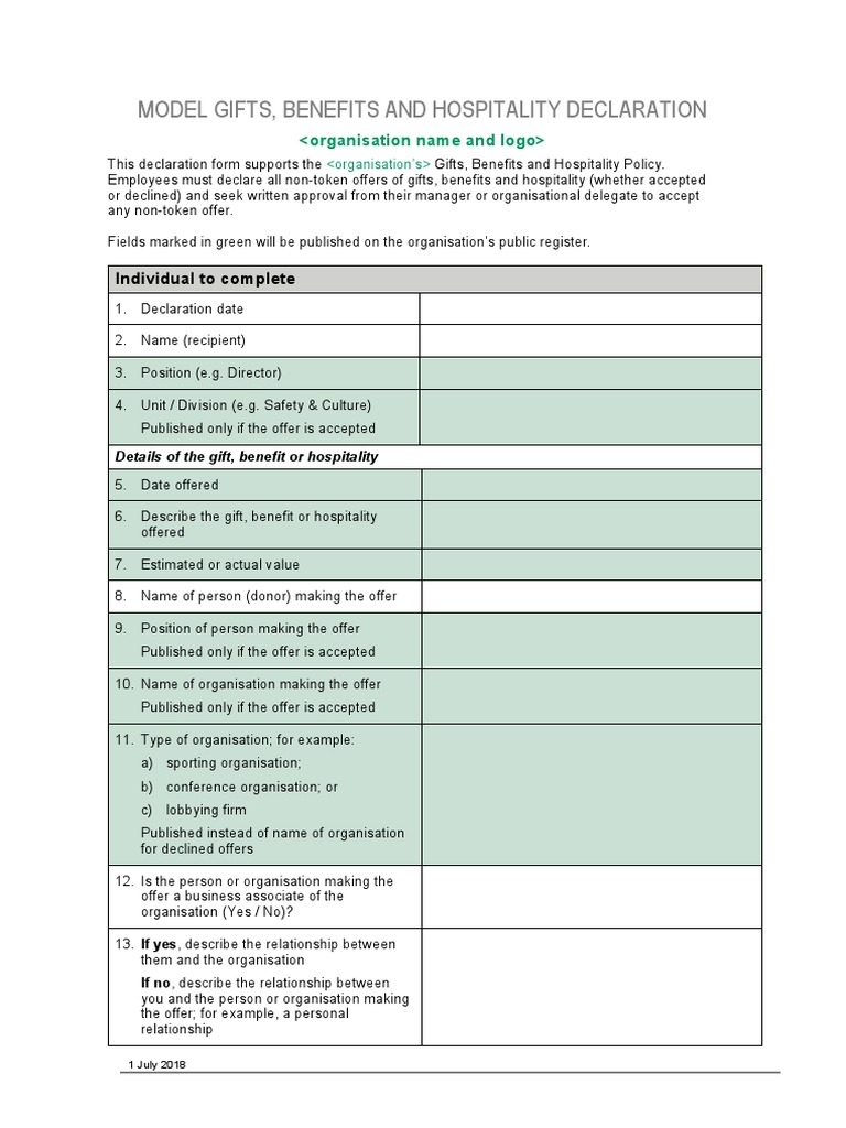 Gifts Benefits and Hospitality Declaration Form | PDF