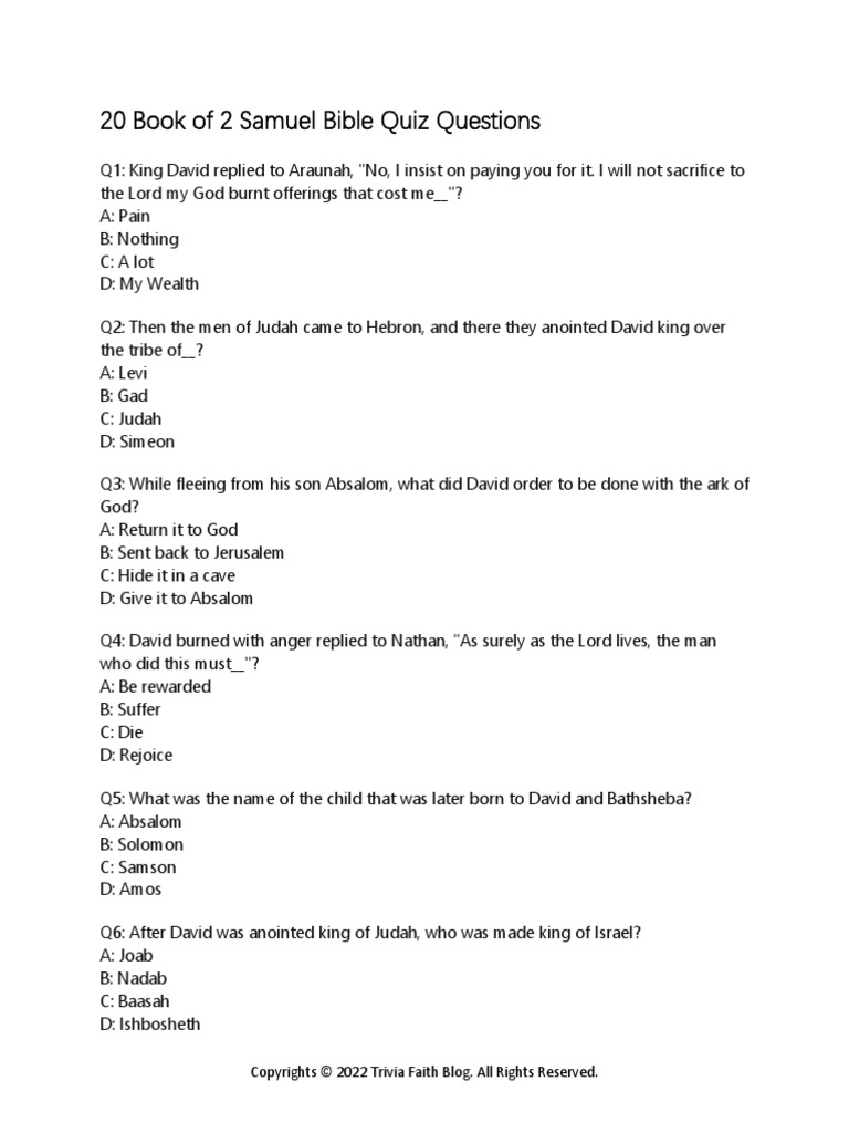 Book of 2 Samuel Bible Quiz Questions and Answers Min | PDF | Books Of ...