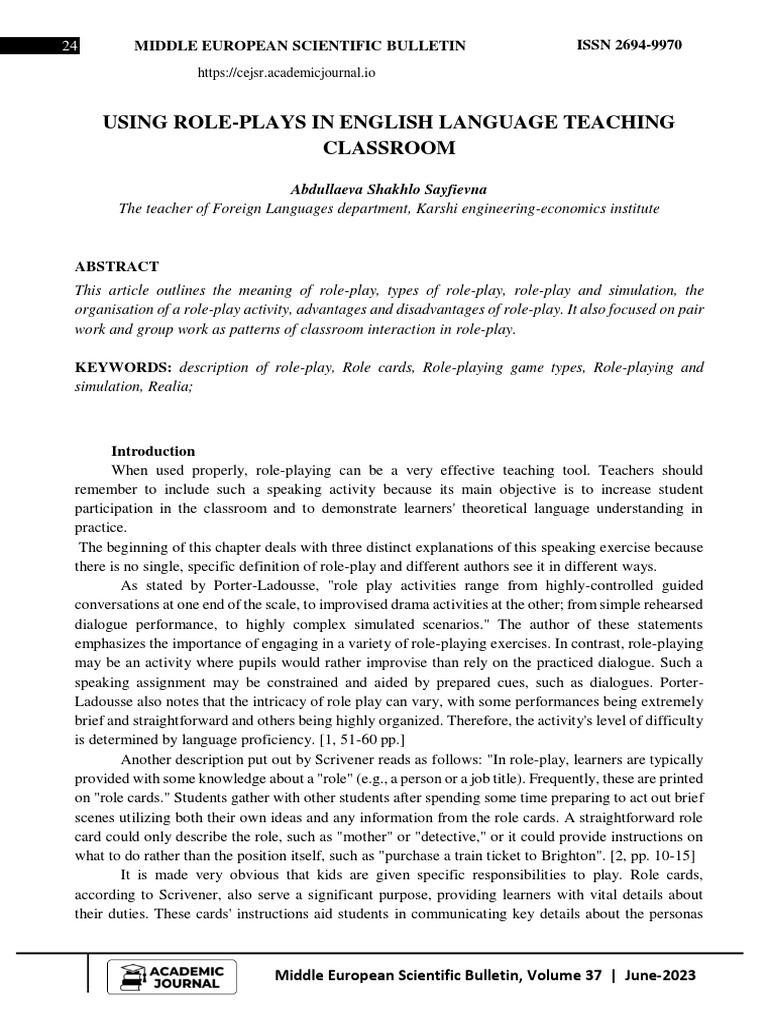 Using Role-Plays in English Language Teaching Classroom | PDF