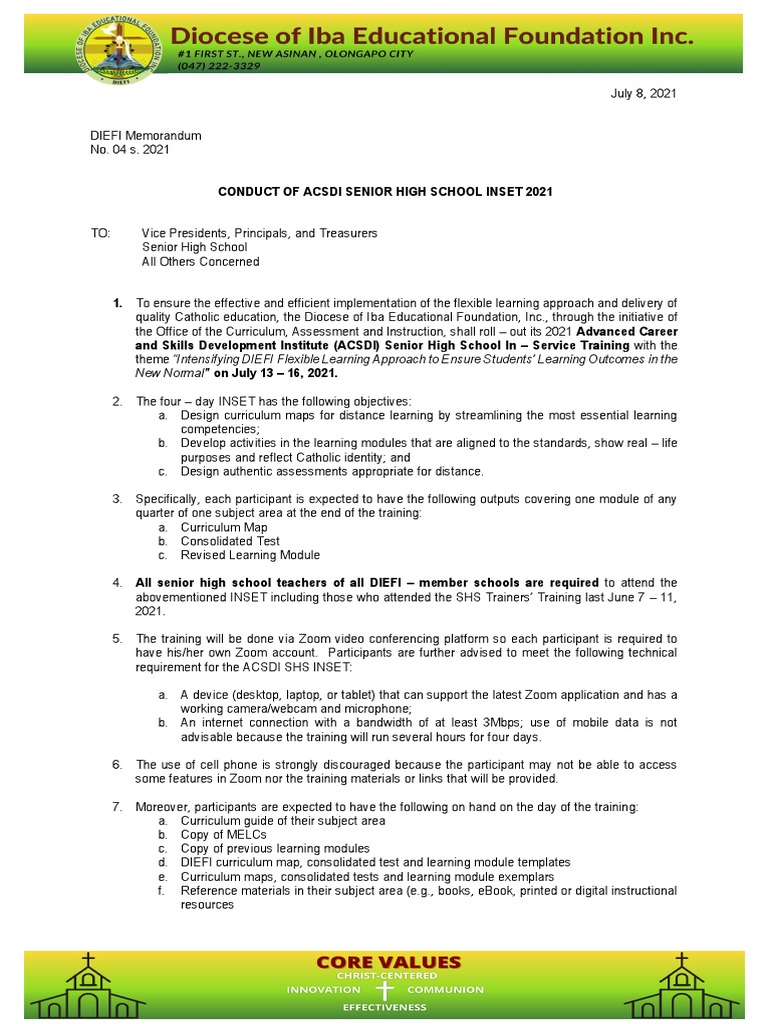 Diefi Memo 4 Conduct of SHS Inset 2021 | PDF | Science | Social Sciences