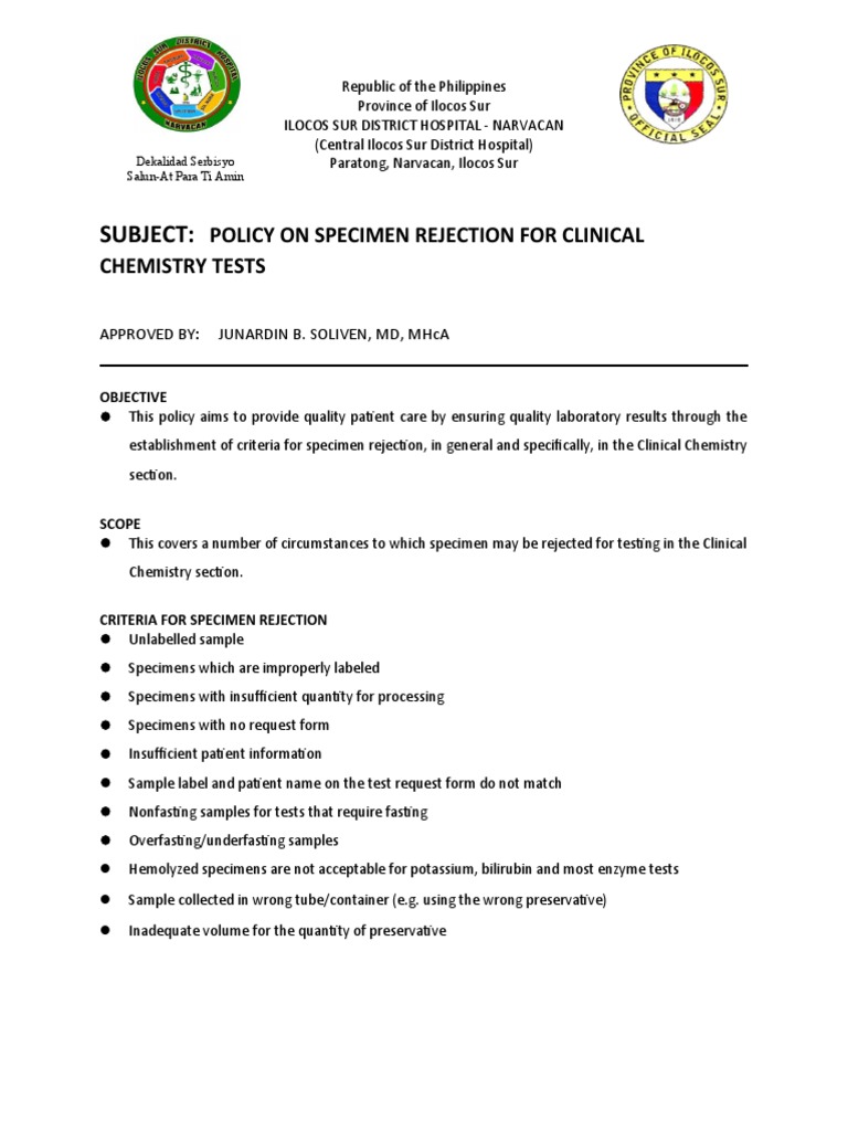 Policy On Specimen Rejection For Clinical Chemistry Tests | PDF