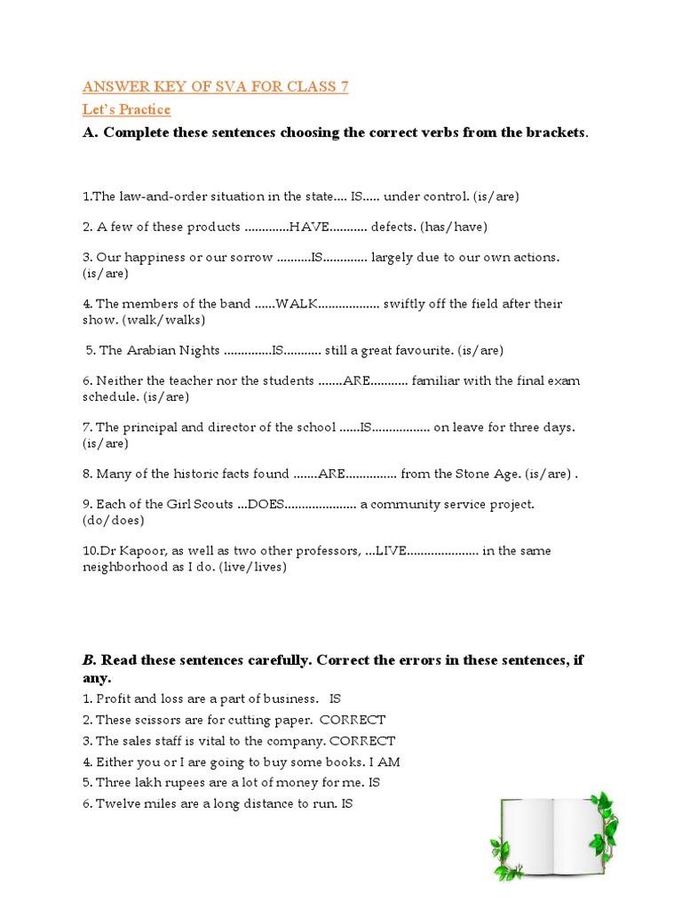 ANSWER KEY OF SVA FOR CLASS 7 | PDF