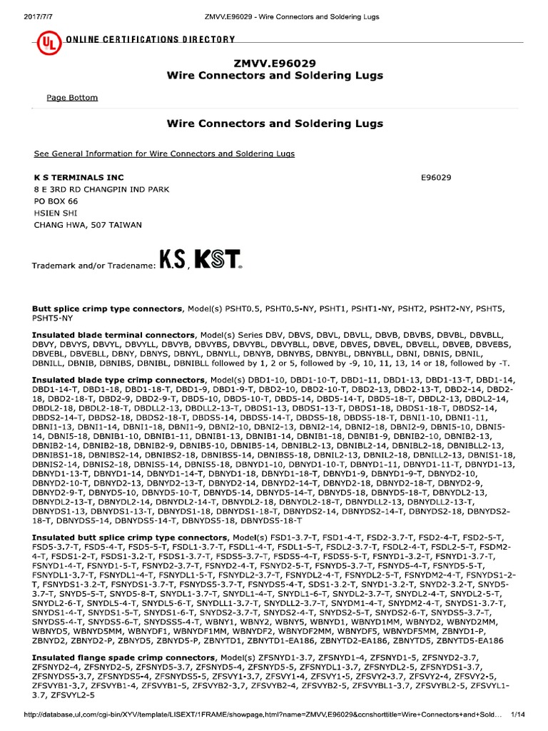2141_ZMVV.E96029 - KST Wire Connectors and Soldering Lugs | PDF