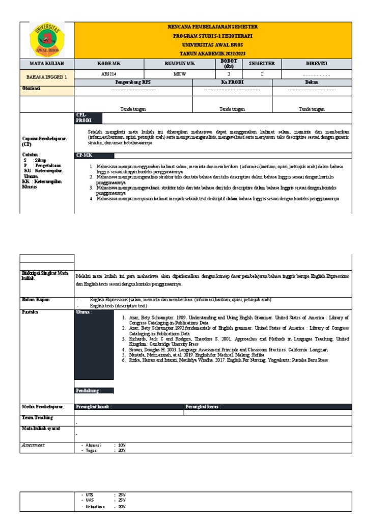 RPS Bahasa Inggris 1 | PDF