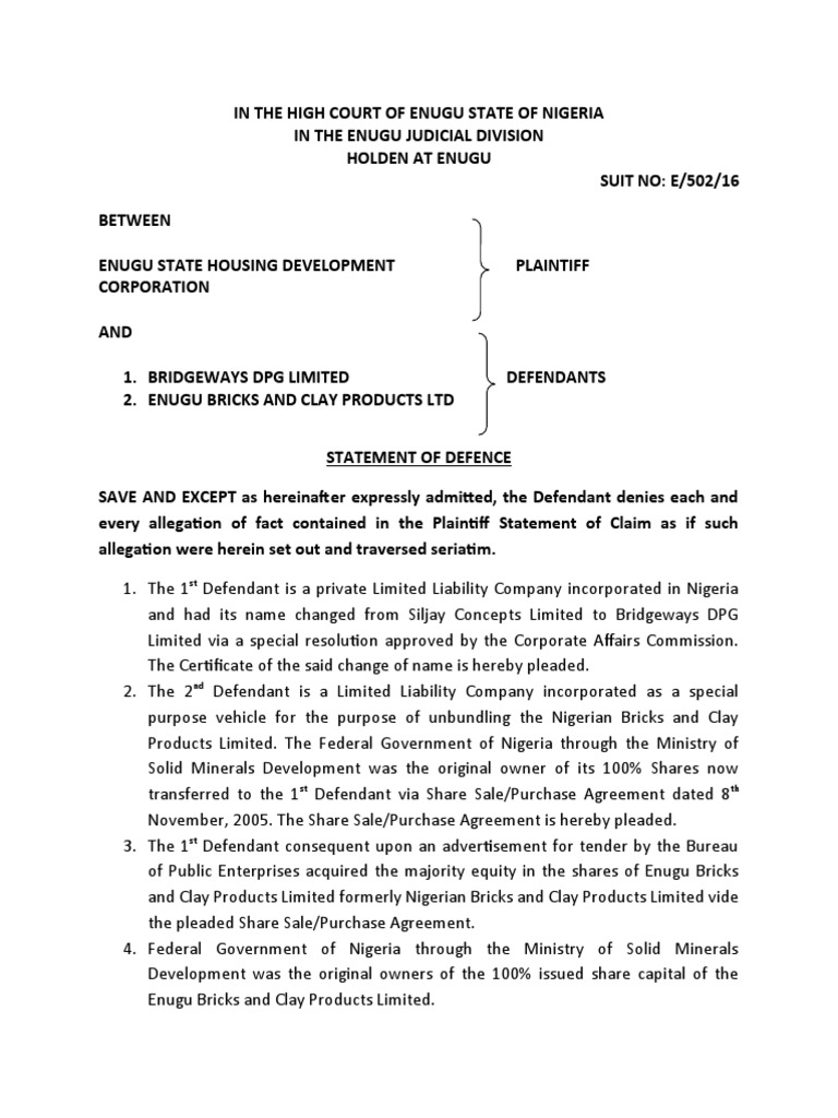 STATEMENT OF DEFENCE FOR UCHE A | PDF | Lawsuit | Cause Of Action