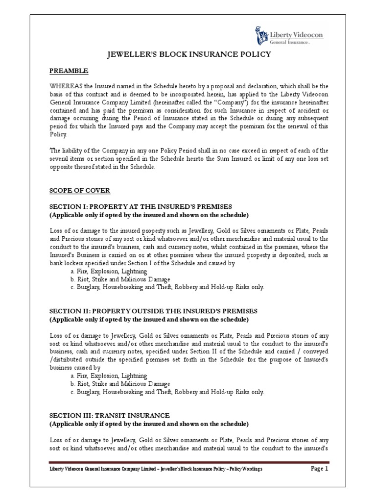 Jeweller's Block Insurance Policy Wording | PDF | Insurance | Indemnity