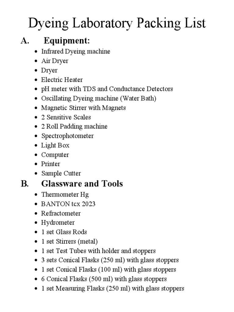Dyeing Lab Packing List 2 | PDF