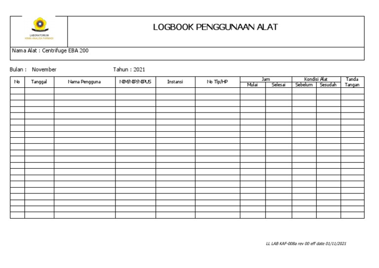 Logbook Penggunaan Alat Centrifuge Eba 200 | PDF