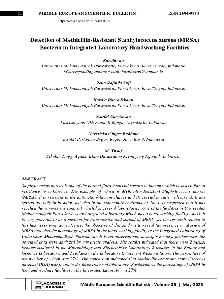 Detection Of Methicillin Resistant Staphylococcus Aureus Mrsa Bacteria In Integrated
