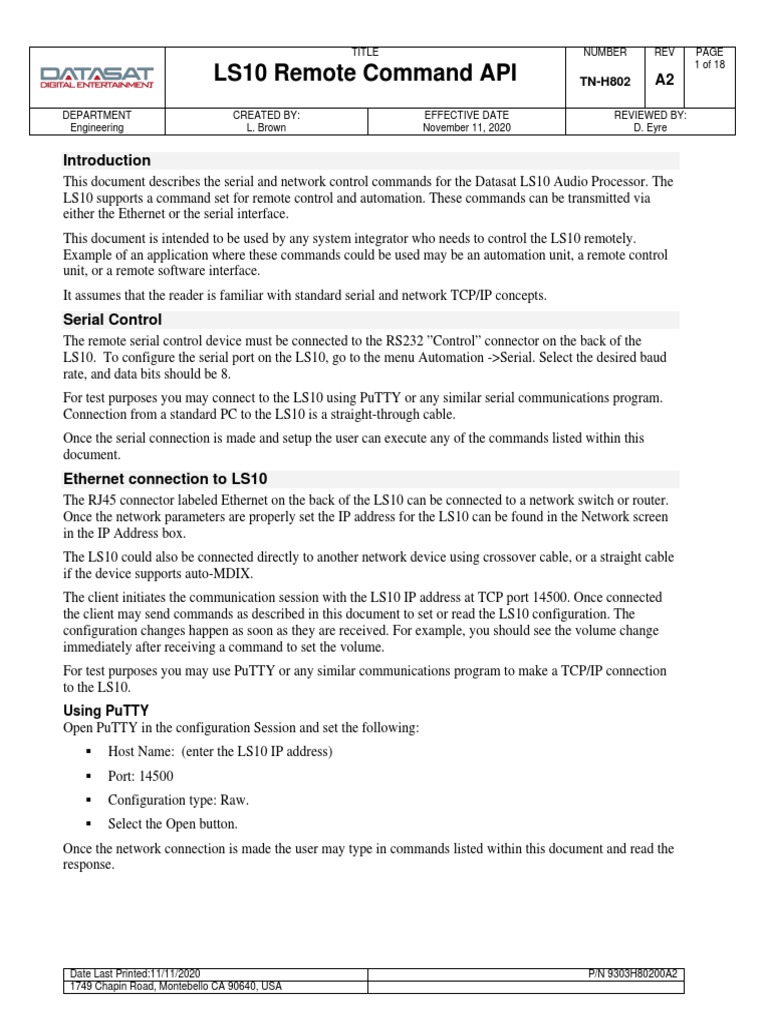TN H802 Rev. A2 LS10 Remote Command API | PDF
