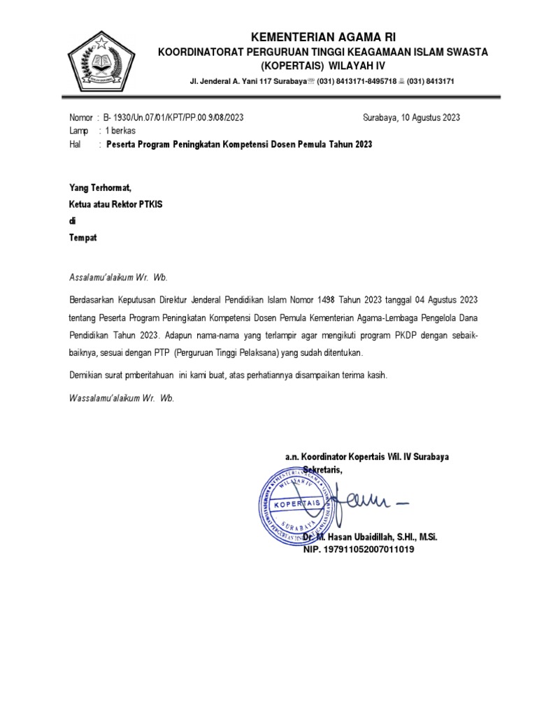 Pemberitahuan PKDP Tahun 2023 Kopertais 4 | PDF